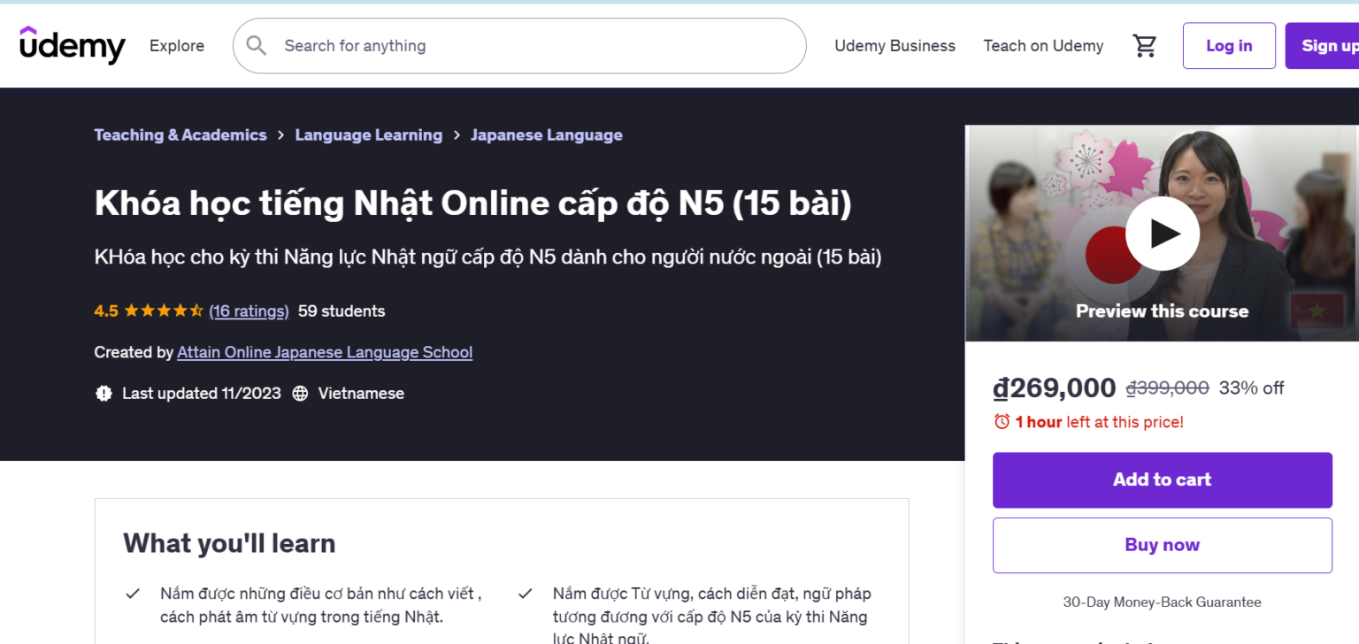 Khóa Học Tiếng Nhật Online Cấp độ N5 (15 Bài)